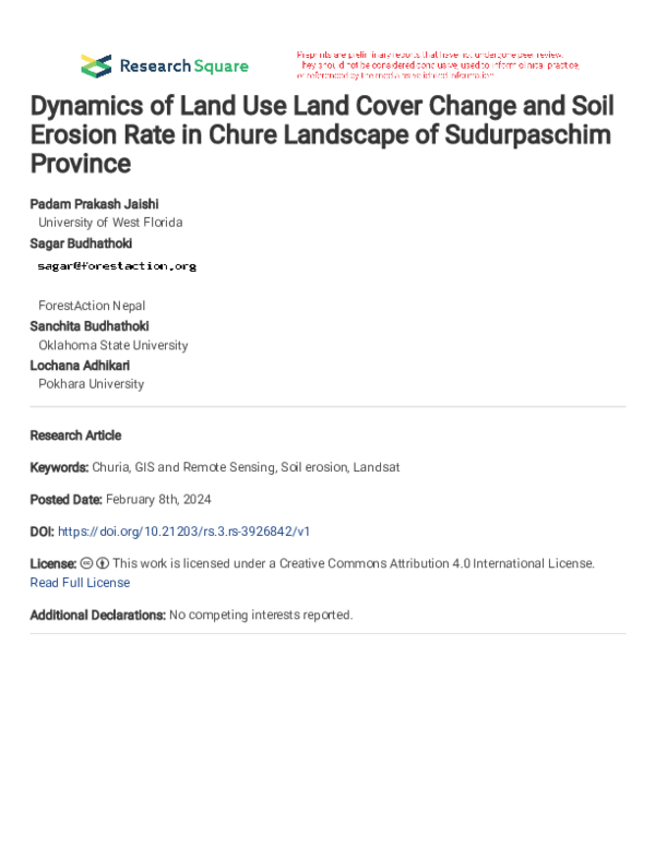 (PDF) Dynamics of Land Use Land Cover Change and Soil Erosion Rate in Chure Landscape of ...