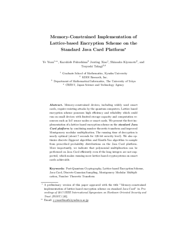 Pdf Memory Constrained Implementation Of Lattice Based Encryption Scheme On The Standard Java