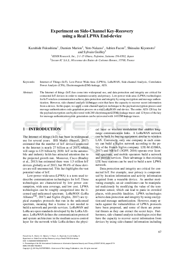 (PDF) Experiment on Side-Channel Key-Recovery using a Real LPWA End-device