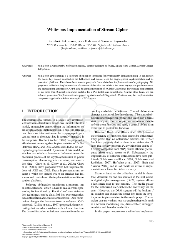 (PDF) White-box Implementation of Stream Cipher