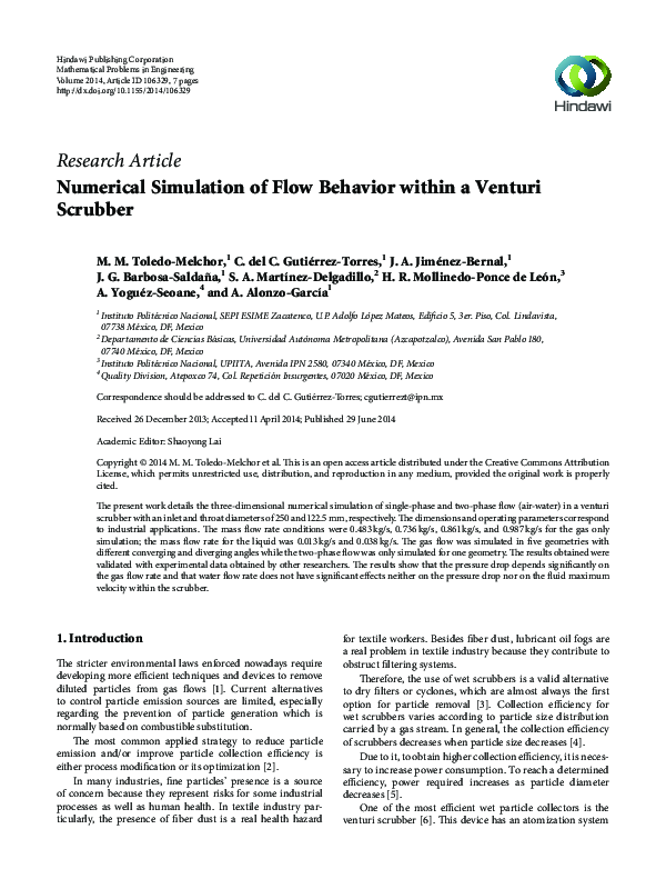 (PDF) Numerical Simulation of Flow Behavior within a Venturi Scrubber