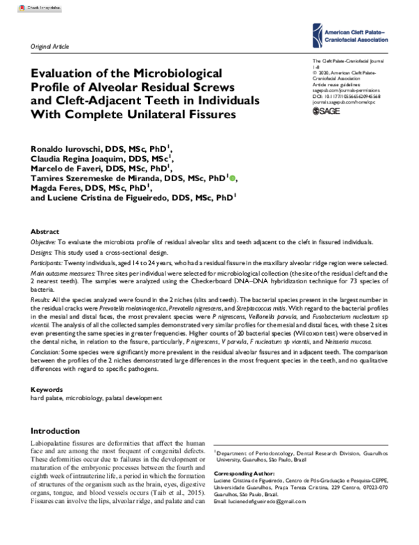 (PDF) Evaluation of the Microbiological Profile of Alveolar Residual Screws and Cleft-Adjacent ...