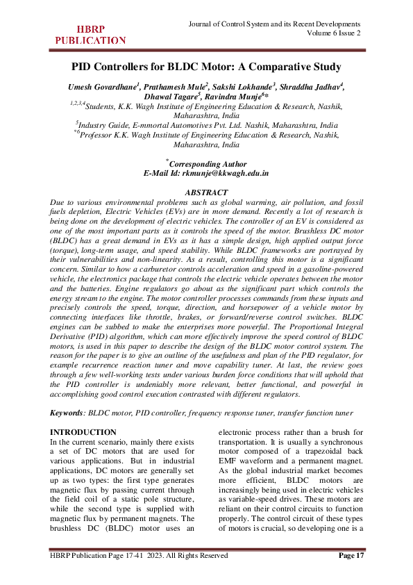 (PDF) PID Controllers for BLDC Motor: A Comparative Study