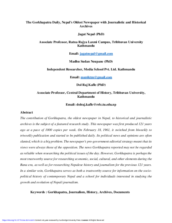 (PDF) The Gorkhapatra Daily, Nepal's Oldest Newspaper with Journalistic ...