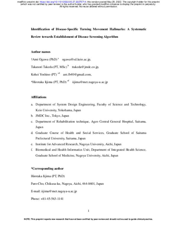 (PDF) Identification of Disease-Specific Turning Movement Hallmarks: A ...