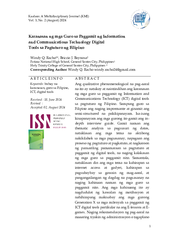 (PDF) Karanasan ng mga Guro sa Paggamit ng Information and Communications Technology Digital ...