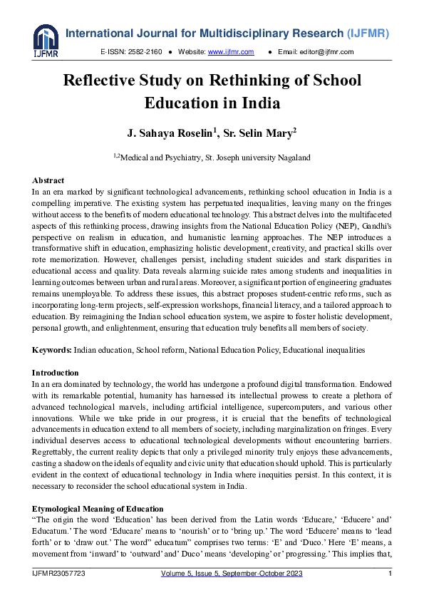 (PDF) Reflective Study on Rethinking of School Education in India