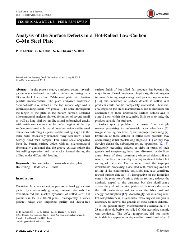 (PDF) Analysis of the Surface Defects in a Hot-Rolled Low-Carbon C–Mn ...