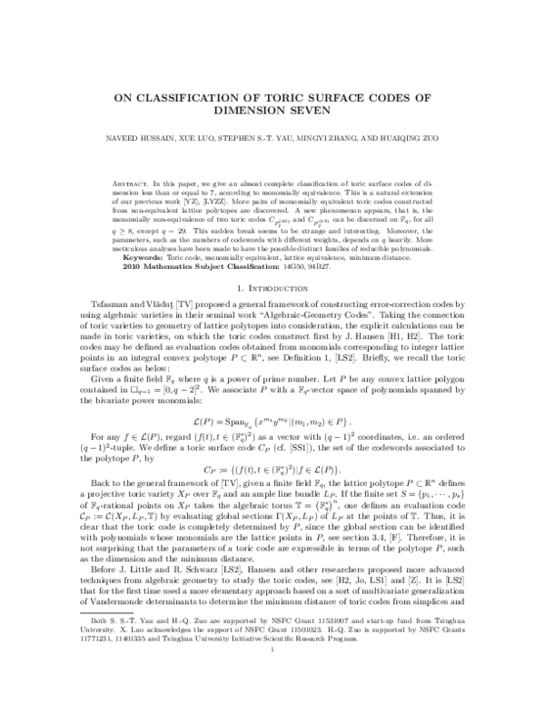 (PDF) On classification of toric surface codes of dimension seven