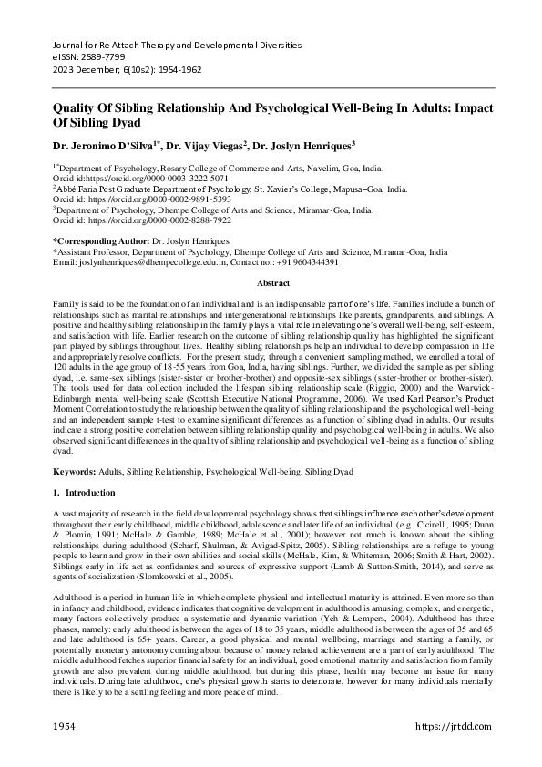 (PDF) Quality Of Sibling Relationship And Psychological Well-Being In ...