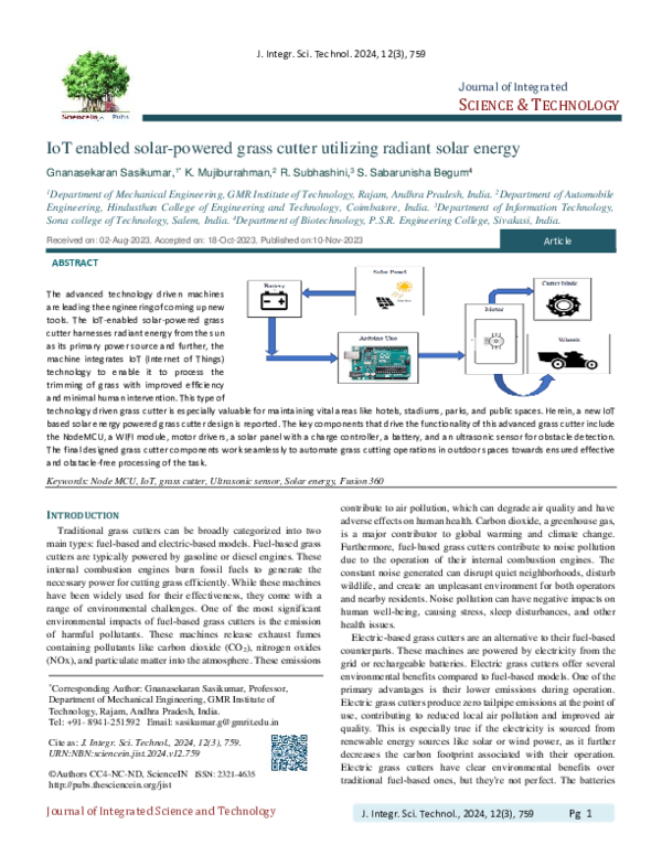 (PDF) IoT enabled solar-powered grass cutter utilizing radiant solar energy