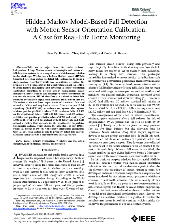 Pdf Hidden Markov Model Based Fall Detection With Motion Sensor Orientation Calibration A