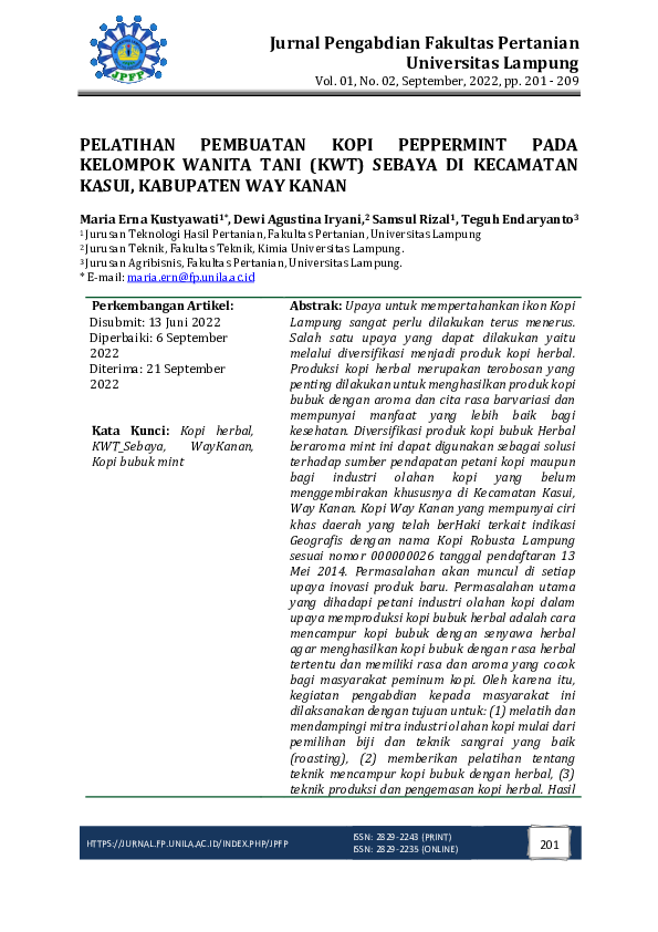 (PDF) Pelatihan Pembuatan Kopi Peppermint Pada Kelompok Wanita Tani (KWT) Sebaya DI Kecamatan ...