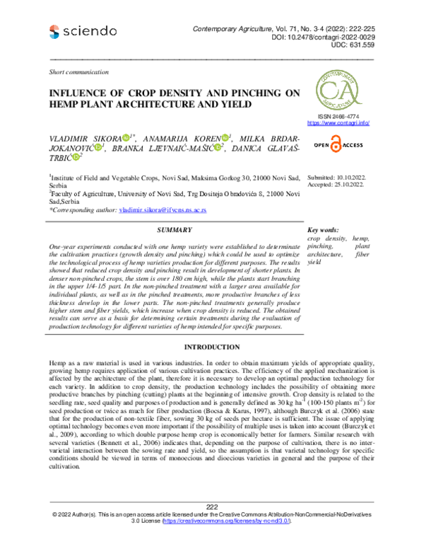 (PDF) Influence of Crop Density and Pinching on Hemp Plant Architecture ...