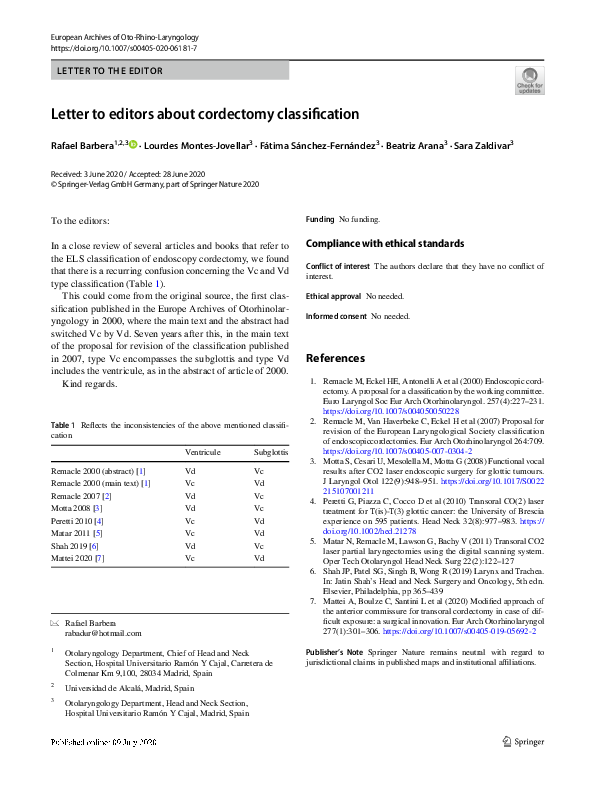 (PDF) Letter to editors about cordectomy classification