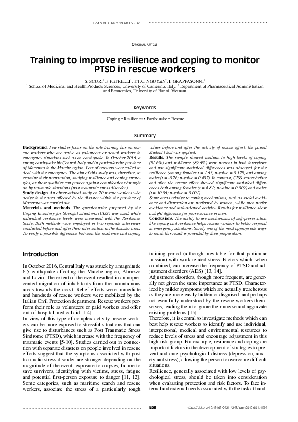 (PDF) Training to improve resilience and coping to monitor PTSD in rescue workers
