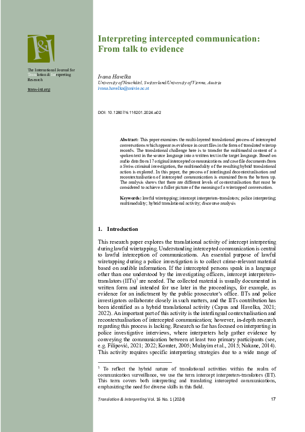 (PDF) Interpreting intercepted communication: From talk to evidence