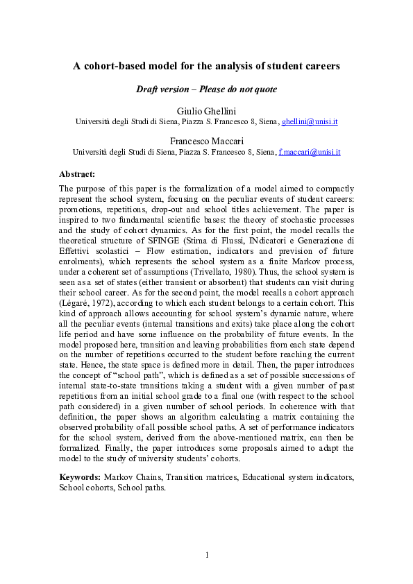 (PDF) A cohort-based model for the analysis of student careers Draft version – Please do not quote