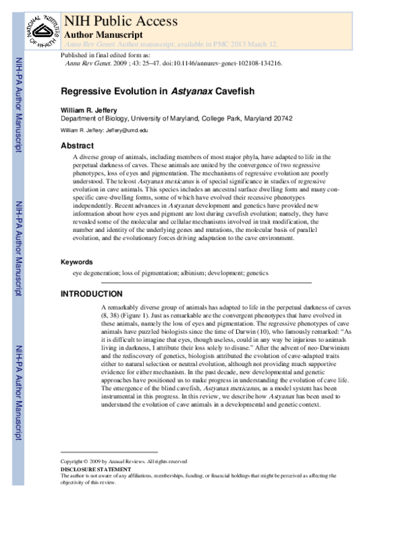 (PDF) Regressive Evolution in Astyanax Cavefish | William Jeffery ...