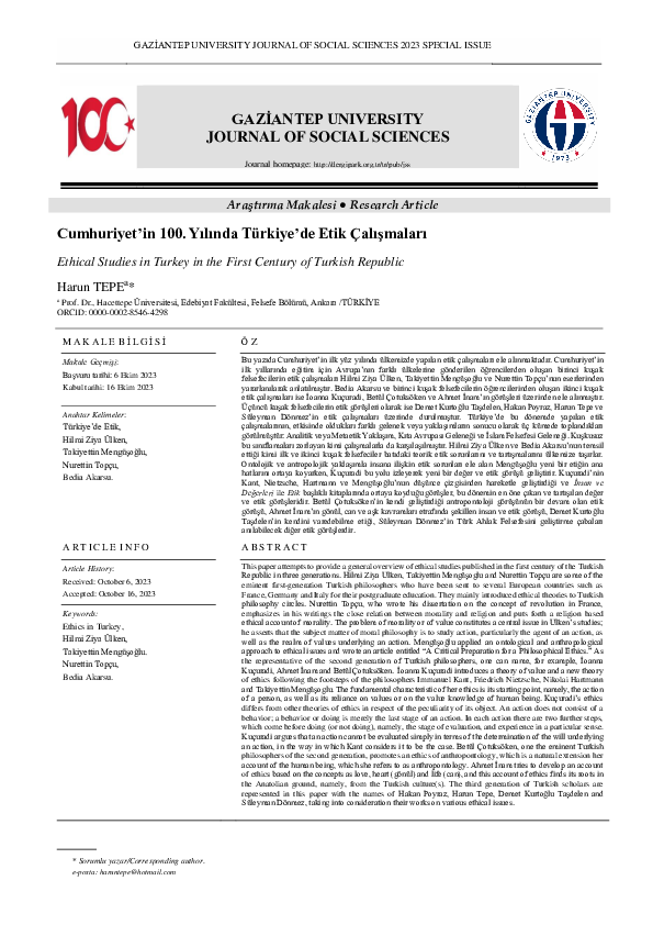 (PDF) Cumhuriyet'in 100. Yılında Türkiye’de Etik Çalışmaları