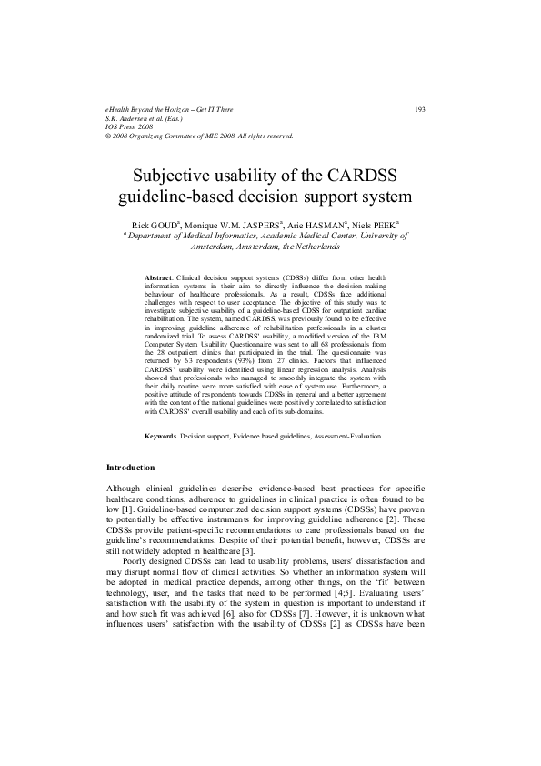 (PDF) Subjective usability of the CARDSS guideline-based decision support system | Rick Goud ...