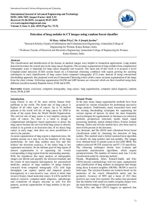 Pdf Detection Of Lung Nodules In Ct Images Using Random Forest Classifier