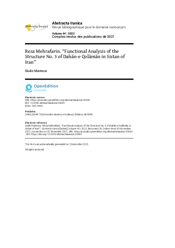 (PDF) 2022. Maresca, G. (2022) Review of: Reza MehrAfarin. “Functional ...