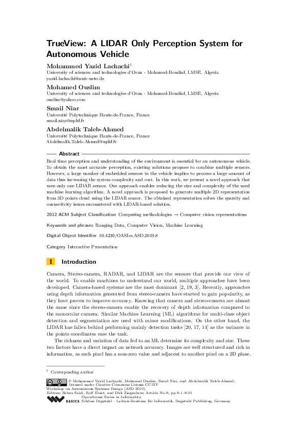 (PDF) TrueView: A LIDAR Only Perception System for Autonomous Vehicle (Interactive Presentation ...