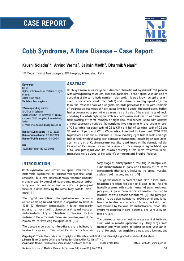 (PDF) Cobb Syndrome, A Rare Disease -Case Report