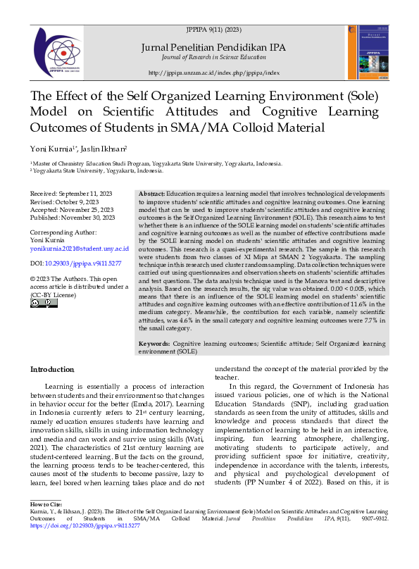 (PDF) Pengaruh Model Pembelajaran Self Organized Learning Environment ...