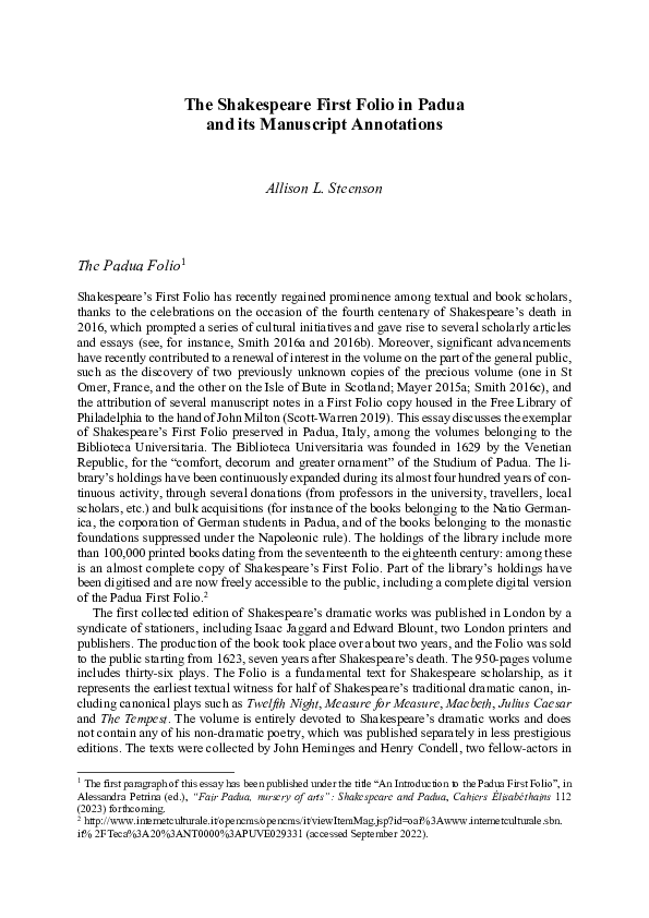 (PDF) The Shakespeare First Folio in Padua and its Manuscript Annotations