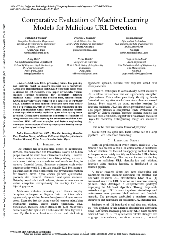(PDF) Comparative Evaluation of Machine Learning Models for Malicious URL Detection