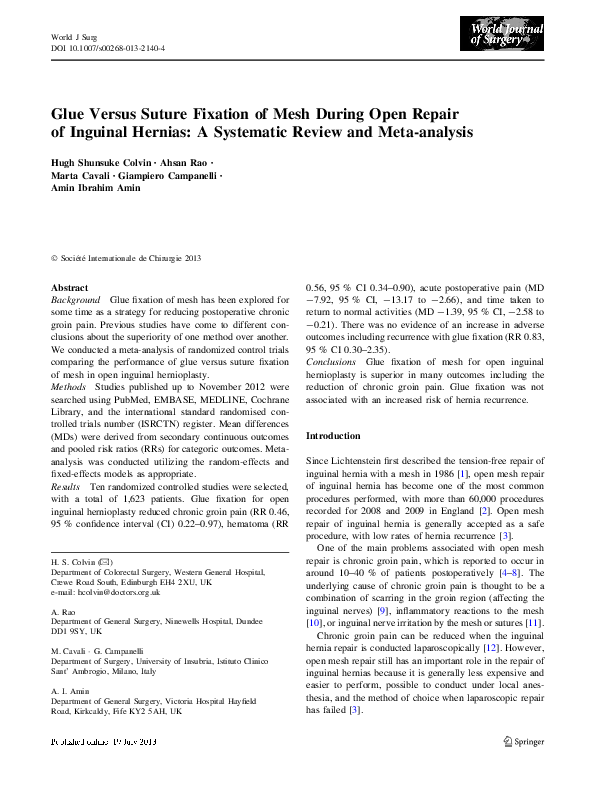 (PDF) Glue Versus Suture Fixation of Mesh During Open Repair of Inguinal Hernias: A Systematic ...