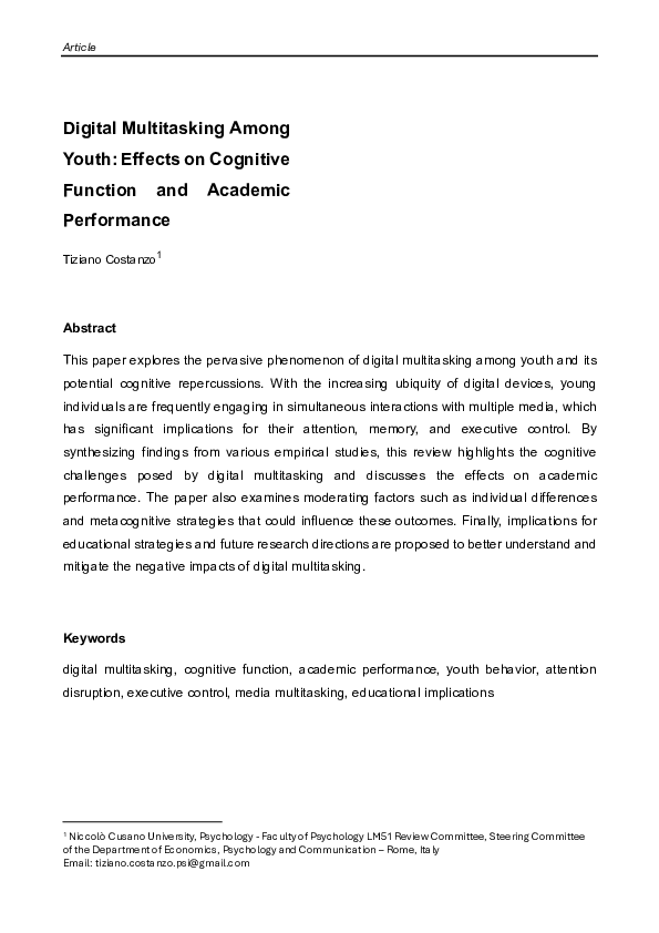 (PDF) Digital Multitasking Among Youth: Effects on Cognitive Function and Academic Performance