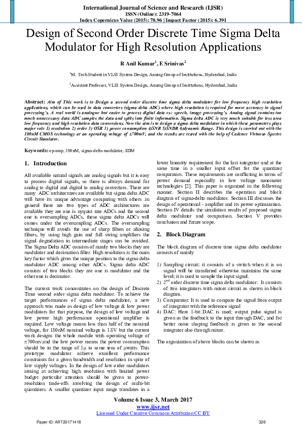 (PDF) Design of Second Order Discrete Time Sigma Delta Modulator for ...