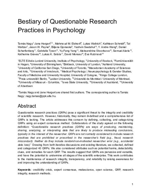 (PDF) Bestiary of Questionable Research Practices in Psychology