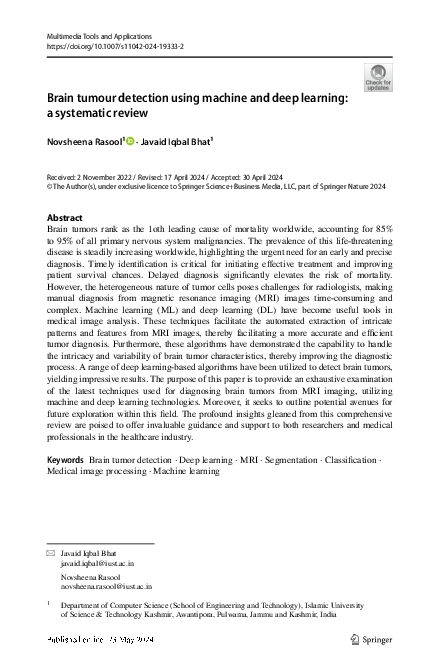(PDF) Brain tumour detection using machine and deep learning