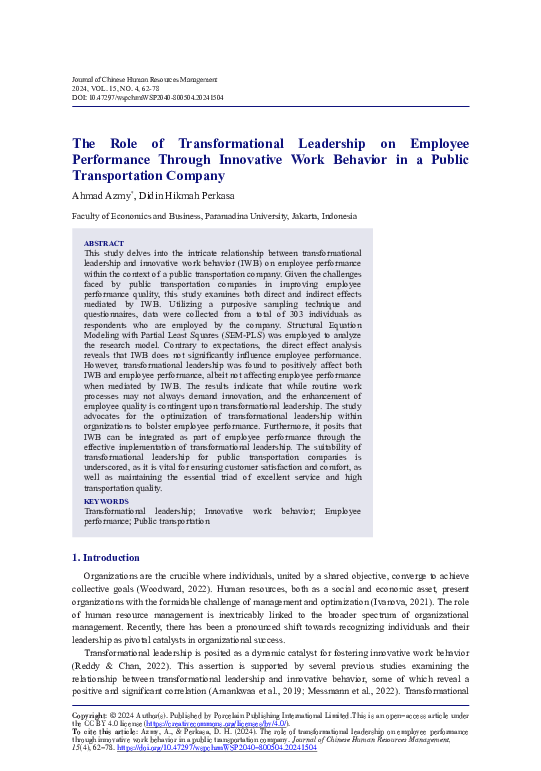 (PDF) The Role of Transformational Leadership on Employee Performance Through Innovative Work ...