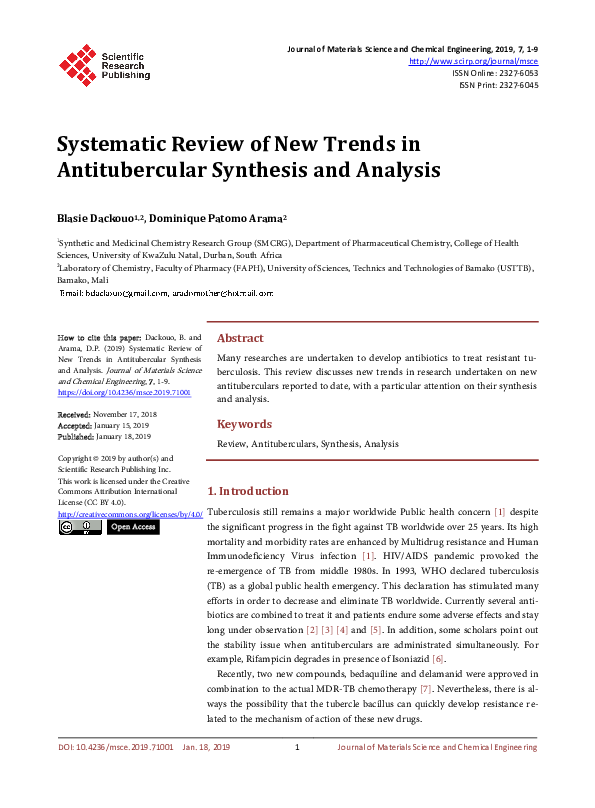 (PDF) Systematic Review of New Trends in Antitubercular Synthesis and Analysis