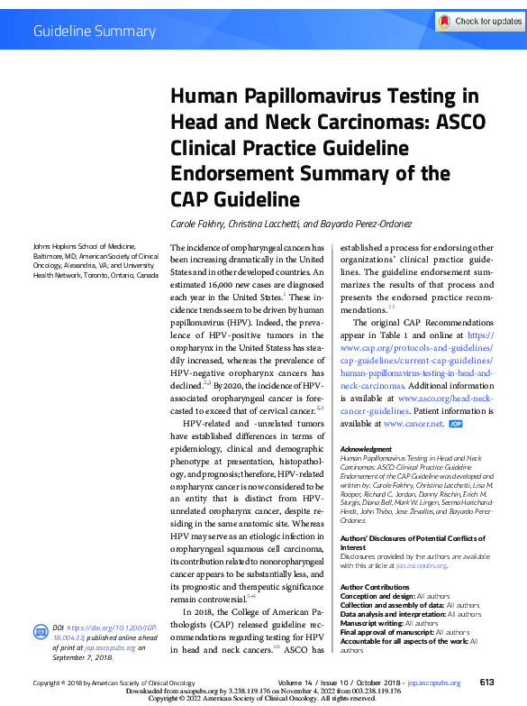 (PDF) Human Papillomavirus Testing in Head and Neck Carcinomas: ASCO ...