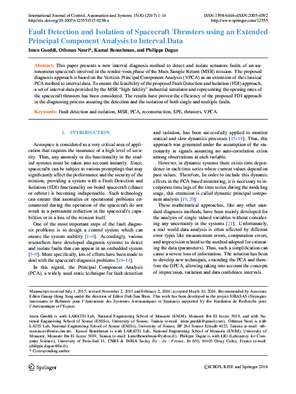 Pdf Fault Detection And Isolation Of Spacecraft Thrusters By Using