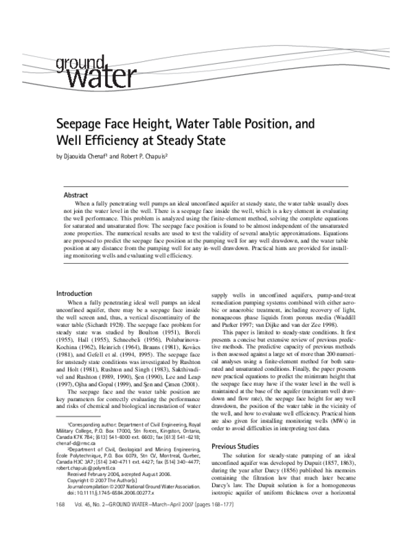 (PDF) Seepage Face Height, Water Table Position, and Well Efficiency at ...