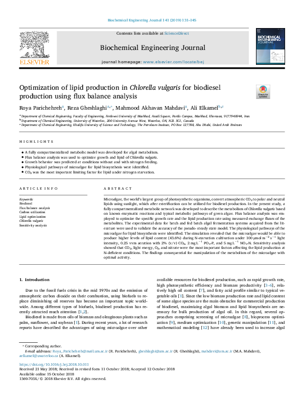 (PDF) Optimization of lipid production in Chlorella vulgaris for biodiesel production using flux ...