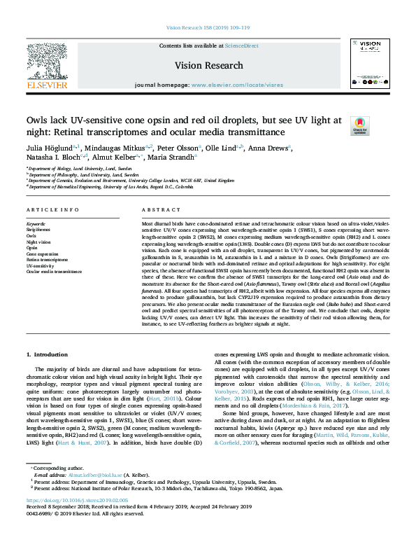 (PDF) Owls lack UV-sensitive cone opsin and red oil droplets, but see ...