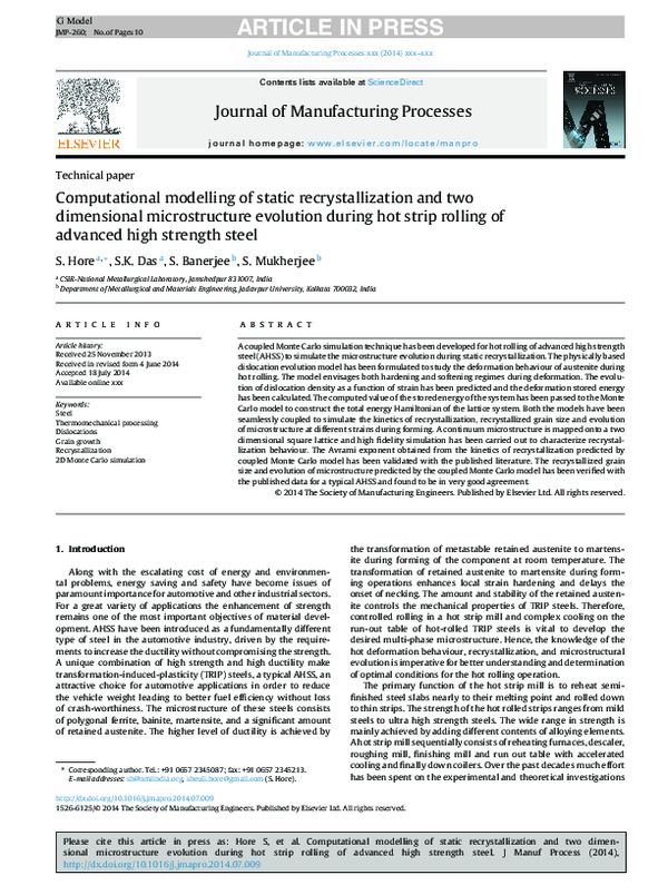 Pdf Computational Modelling Of Static Recrystallization And Two