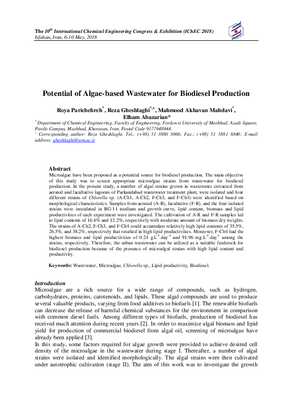 (PDF) Potential of Algae-based Wastewater for Biodiesel Production | Roya Parichehreh - Academia.edu