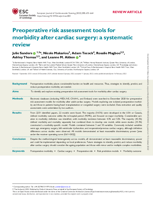 (PDF) Preoperative risk assessment tools for morbidity after cardiac ...