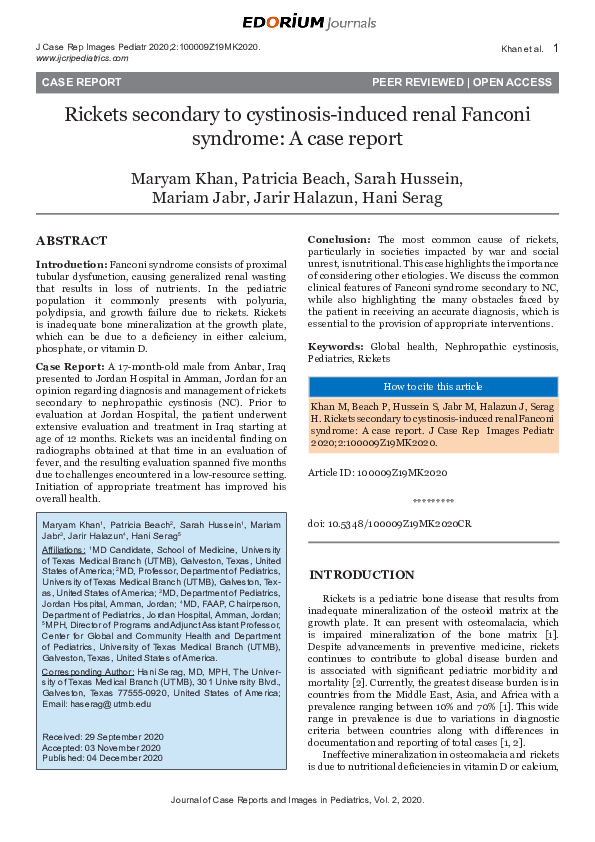 (PDF) Rickets secondary to cystinosis-induced renal Fanconi syndrome: A ...