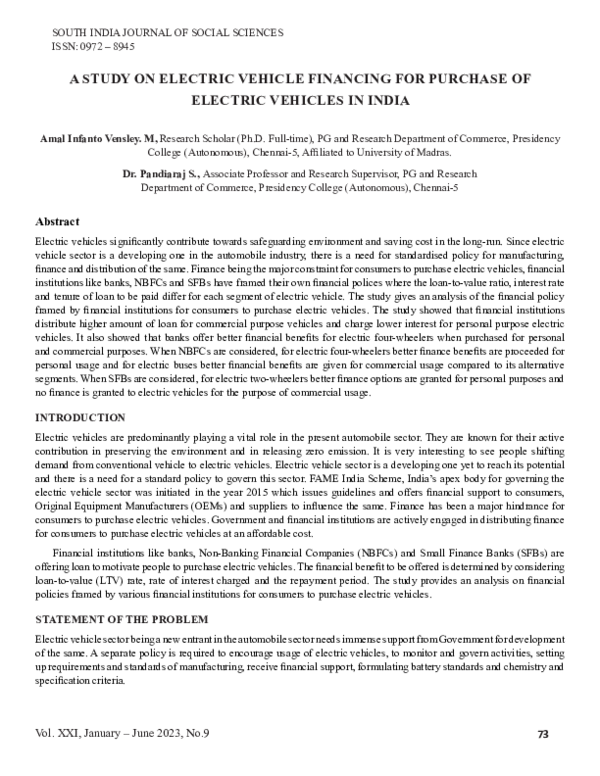 (PDF) A STUDY ON ELECTRIC VEHICLE FINANCING FOR PURCHASE OF ELECTRIC ...