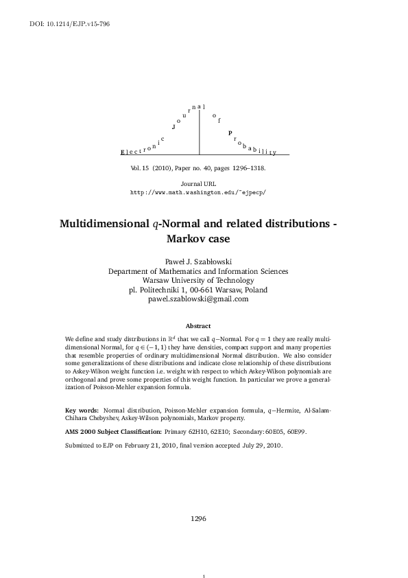 (PDF) Multidimensional $q$-Normal and Related Distributions - Markov Case